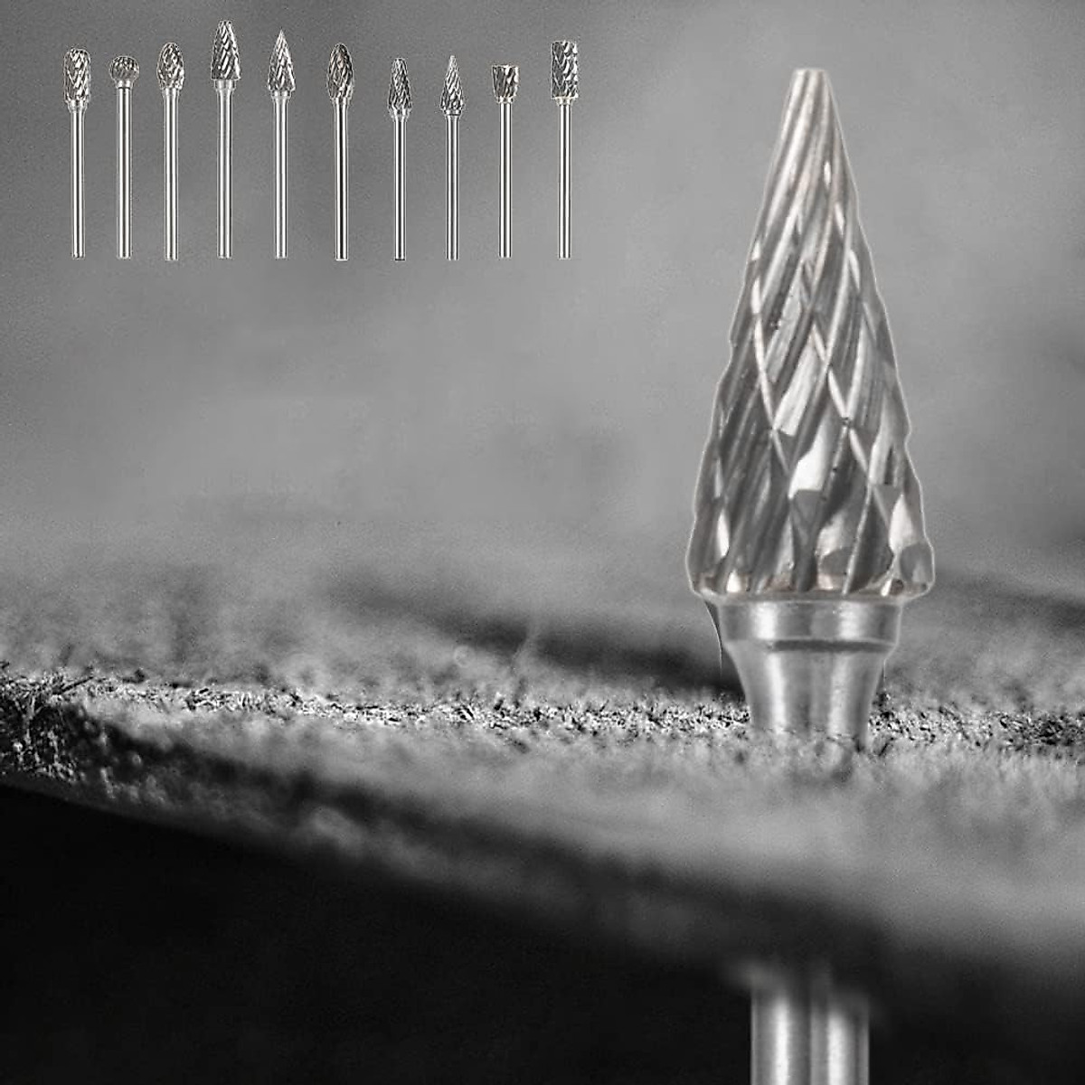 HIDOTOL Carbide Burr Set 10PC 1/8" Shank Tungsten Double Cut Carbide Rotary Burr Set for Metal and Wood Carving, Grinding, Polishing, Engraving, Drilling.