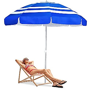 OCOOPA Beach Umbrella UV 50+, 6.5ft Umbrella with Sand Anchor & Aluminum Pole, Portable Beach Umbrella with Carry Bag for Beach Patio Garden Pool Backyard (Blue & White, 6.5 FT Umbrella)