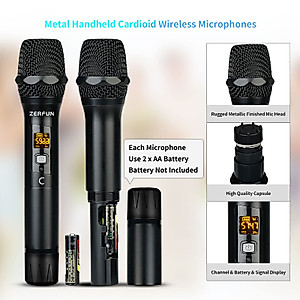 ZERFUN Pro Wireless Microphone System 4 Channel, UHF Metal Cordless Handheld Mics with Echo Bluetooth for Church Karaoke Singing, 4x50 Adjustable Frequency(MU-898 Battery 4 Handheld)
