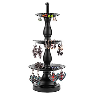 MyGift 3-Tier Black Metal Fountain Earring Holder Organizer and Ring Dish Jewelry Stand