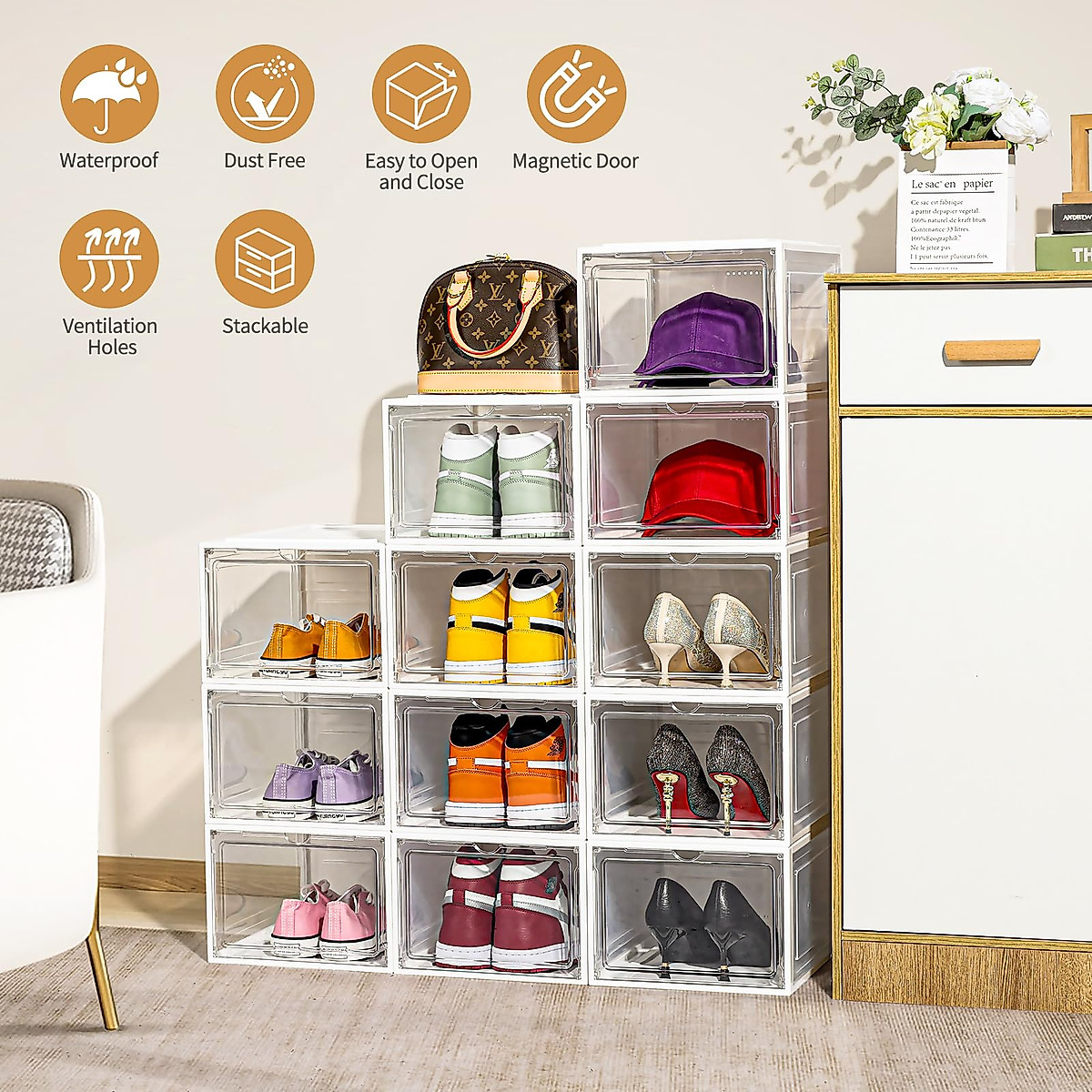 Upgraded X-Large 6 Pack Clear Shoe Storage Organizer,Stackable Shoe Rack for Closet,Plastic Shoe Boxes with Magnetic Door,Shoe Containers For Sneaker Display,Fit up to US Size13