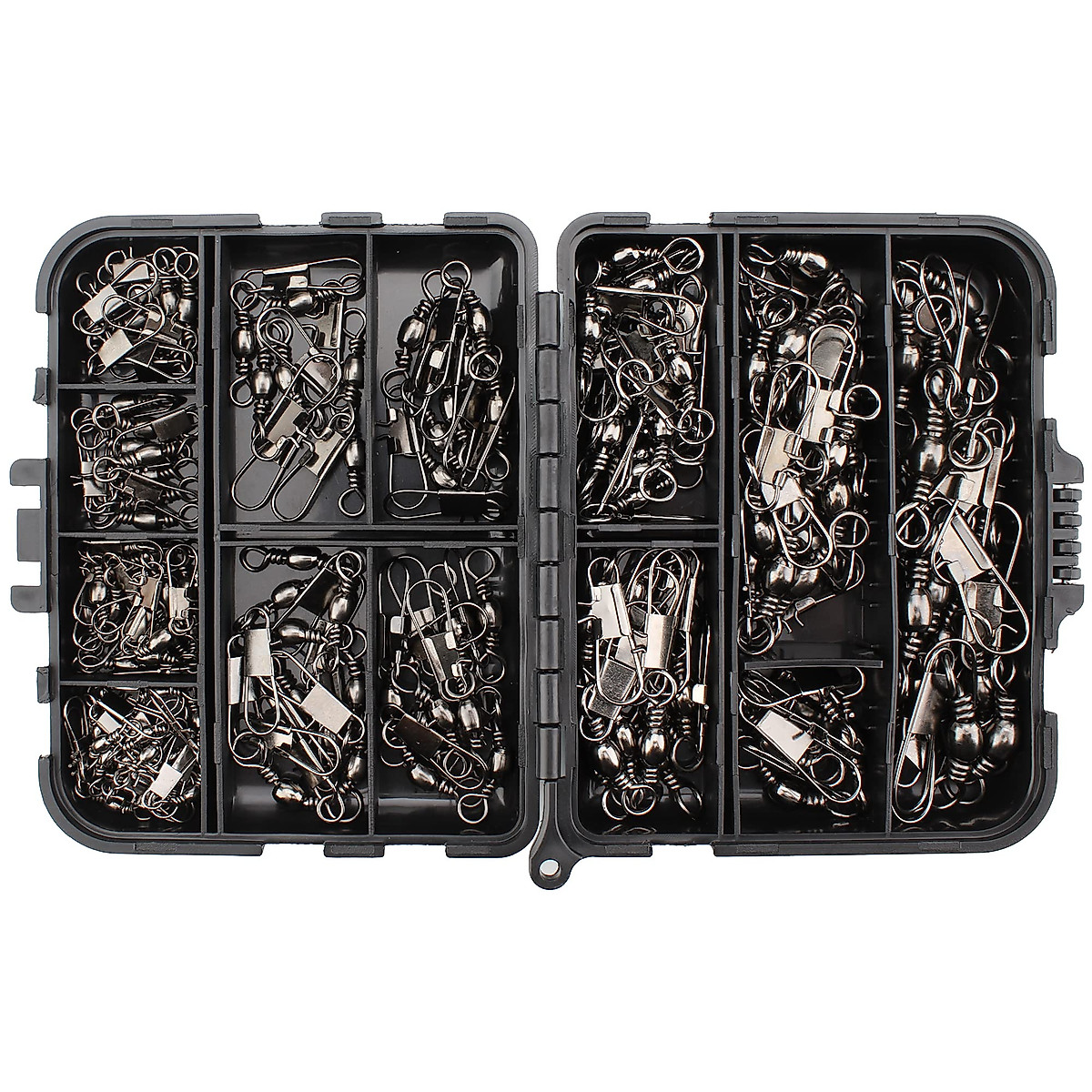 AOKIVIGOA 135pcs Barrel Fishing Swivel with Safety Snaps Connector Clips Tackle Box of Size 3/0 2/0 1/0 2 4 6 8 10 Style B