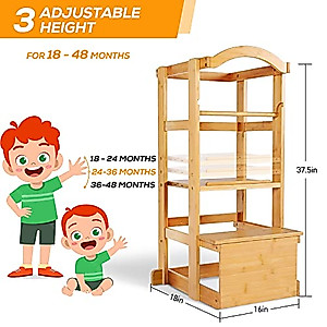 IPOW Learning Stool Toddler Tower, 3 Adjustable Height Kids Step Stool for 18-48 Months, Solid Toddler Kitchen Step Stool Helper with Safety Rail for Kitchen Counter Bathroom Sink