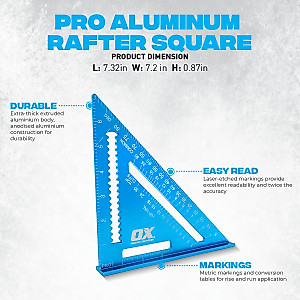 OX Tools Pro Rafter Square 7 Inch, Trim Square, Framing Square, Aluminum, OX-P506518