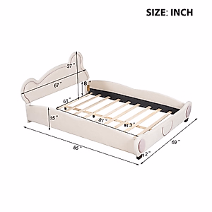 Upholstered Queen Size Bed for Kids,Velvet Queen Platform Bed with Bear-Shaped Headboard & Bed-End Storage Pocket,Wood Slat Support,No Box Spring Needed,Beige