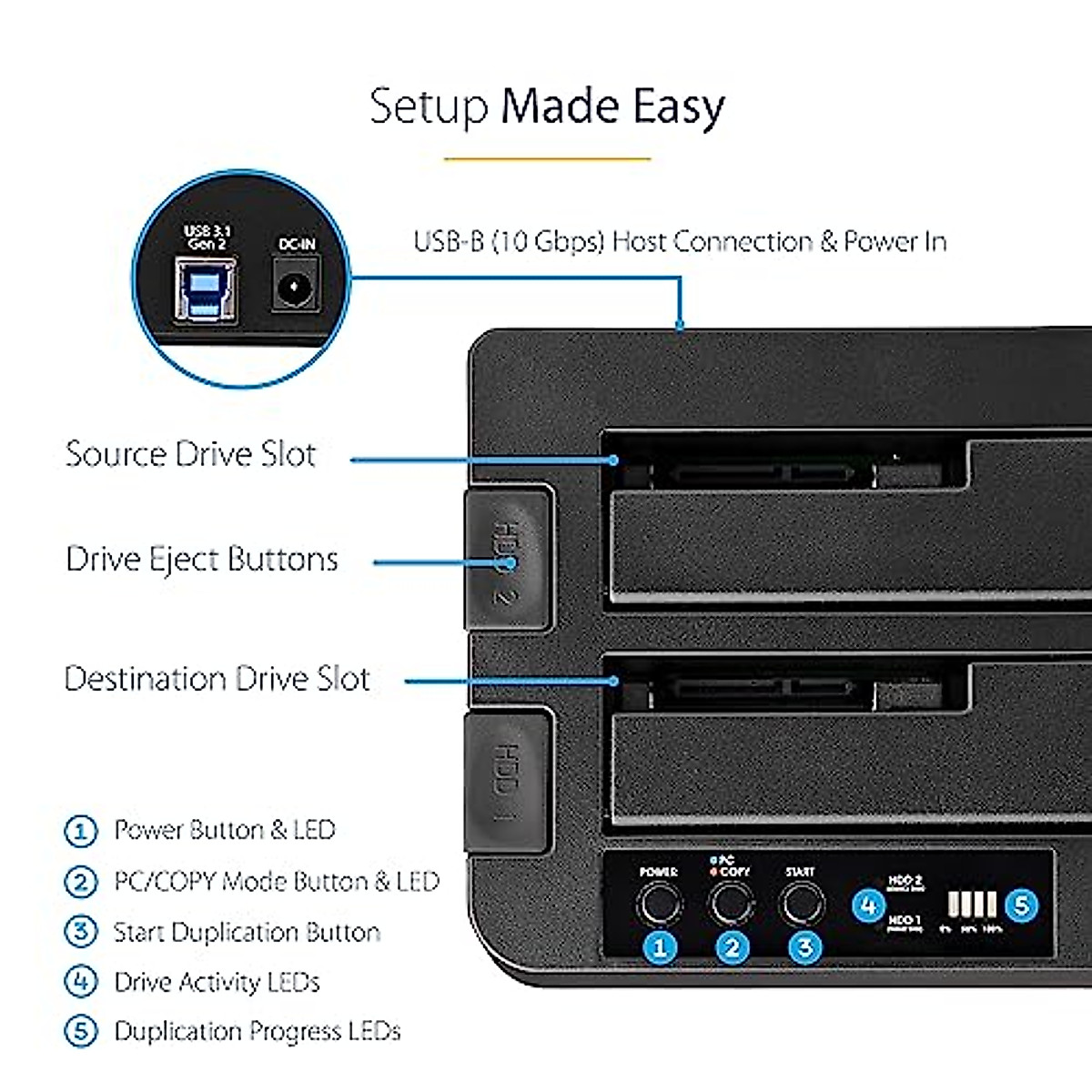 StarTech.com Standalone Hard Drive Duplicator, External Dual Bay HDD/SSD Cloner/Copier, USB to SATA III Docking Station
