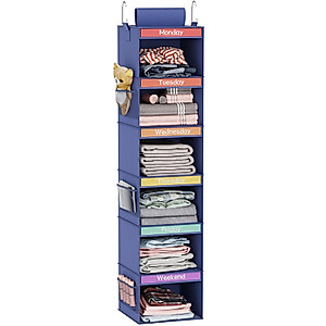 Fixwal 6-Shelf Weekly Hanging Closet Organizer for Kids with 6 Side Pockets, Weekday Kids Clothes Organizers Monday Through Friday Clothes Foldable Hanging Storage Shelves (Blue)