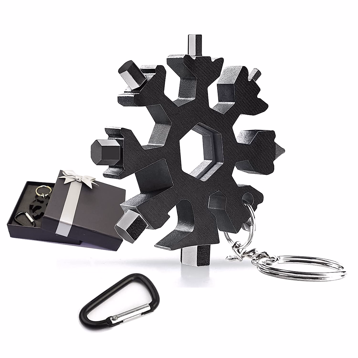 Snowflake Multi tool, 19 in 1 Portable Stainless Steel Snowflake Tool for Outdoor Travel Camping, with Key Ring and Carabiner Clip,Gift for Men Dad (Black)