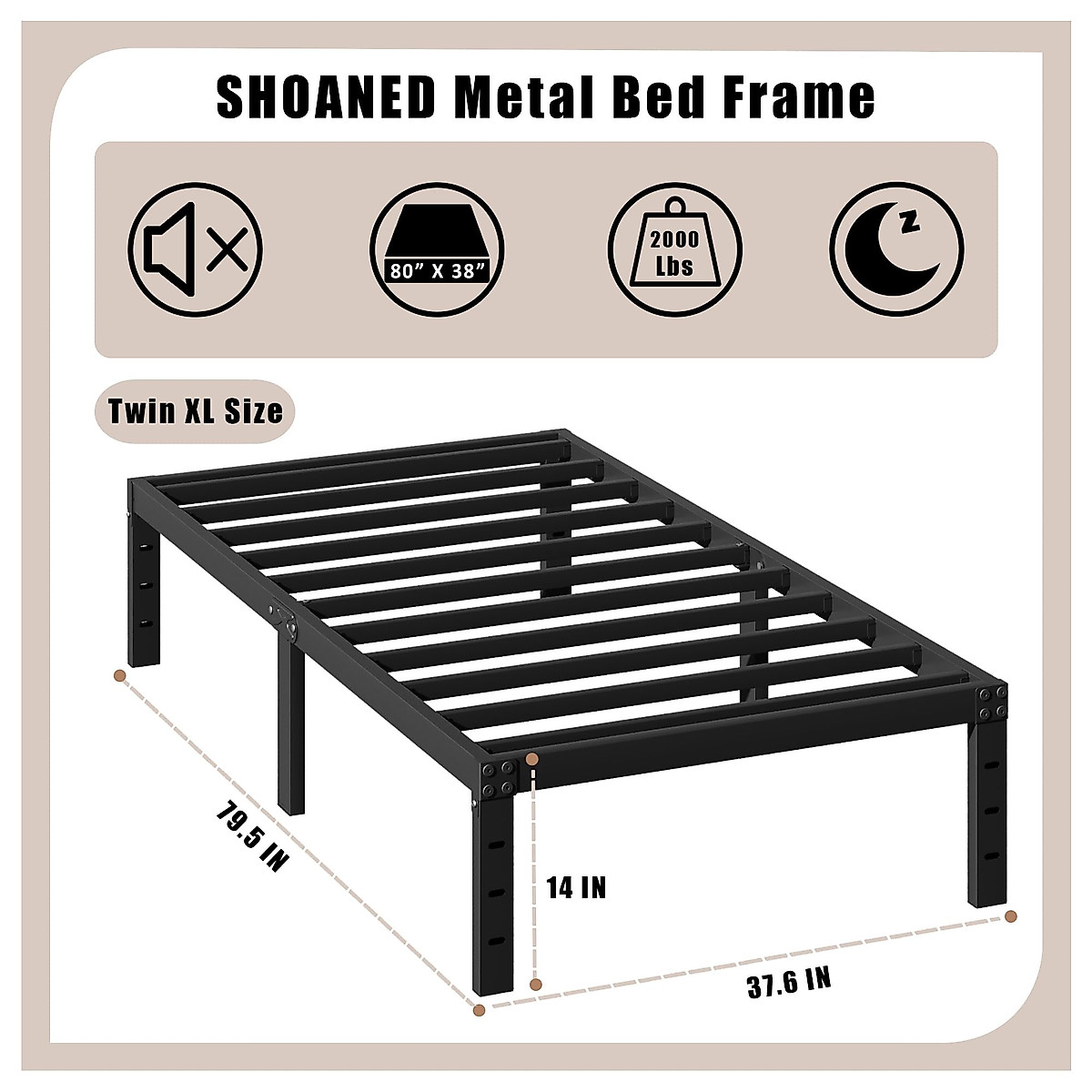 SHOANED Twin Metal Bed Frame - 14 Inch Tall Heavy Duty Bedframe Black Basic Steel Slats Platform No Box Spring Needed/Easy Assembly/Noise Free