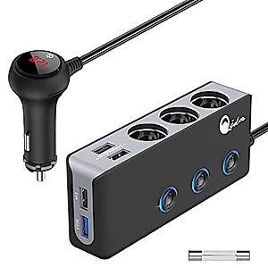 Quick Charge 3.0 Cigarette Lighter Splitter, Qidoe 3 Socket 180W Cigarette Lighter Adapter with 4 USB Fast Charging, DC 12V/24V Cigarette Outlet LED Voltmeter Independent Button for All Car Devices