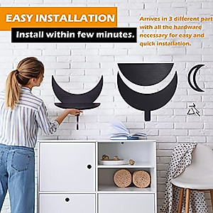 CEFRECO Floating Moon Shelf - Wooden Crystal Display Shelf - Crystal Holder for Stones and Essential Oils - Black Hanging Crescent Moon Phrase Shelf for Crystals- Witchy Gifts for Women