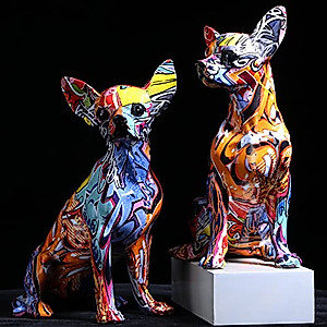 orenm Colorful Chihuahua Statue Graffiti Art Dog Figurine Resin Indoor Home Decor Splash Color Animal Sculpture Ornament Puppy Modern Office Desktop Decoration (Graffiti-A)