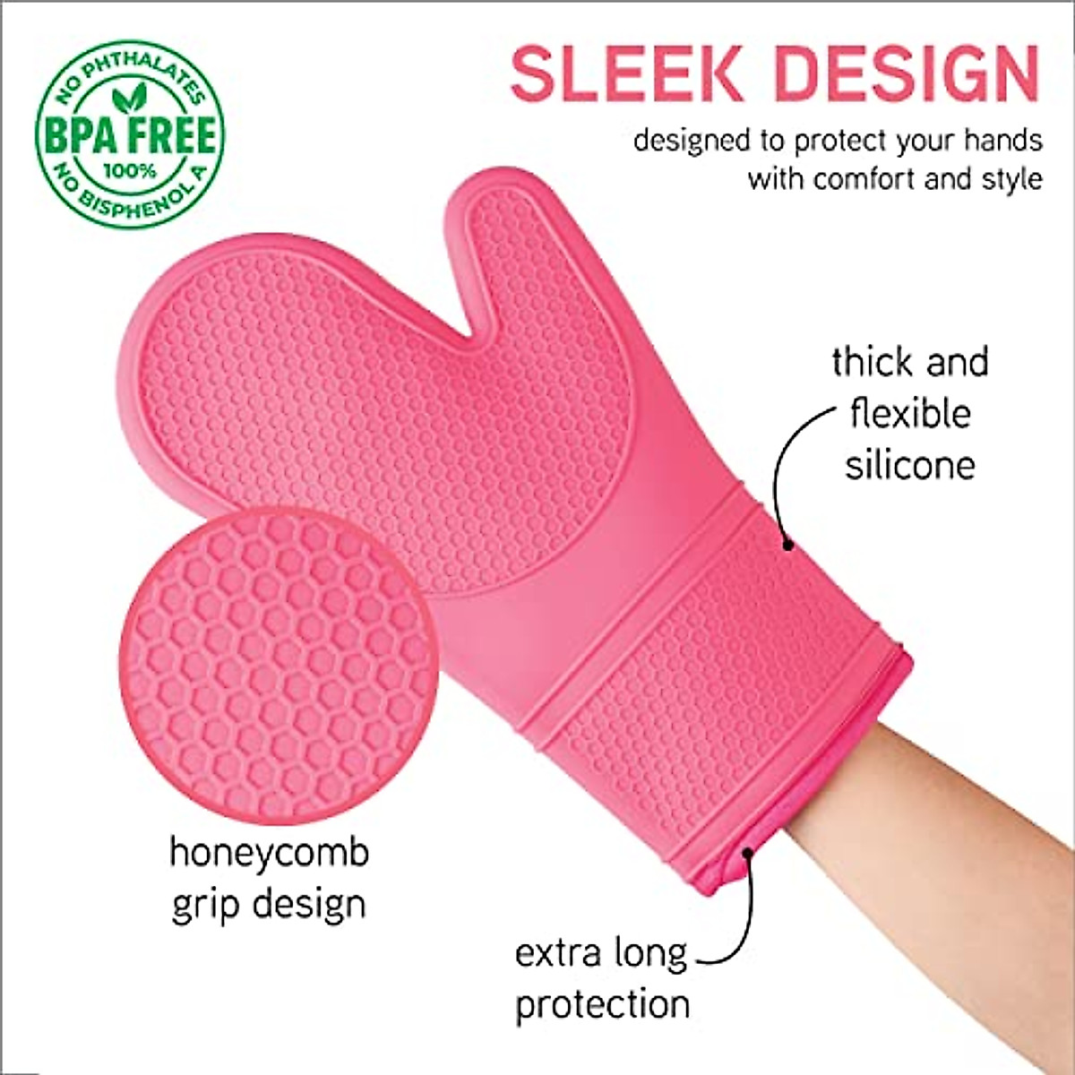 COOK WITH COLOR Silicone Oven Mitts- Heat Resistant Gloves with Soft Quilted Lining Oven Mitt Pot Holders for Cooking and BBQ, Pink, Oven Mitt