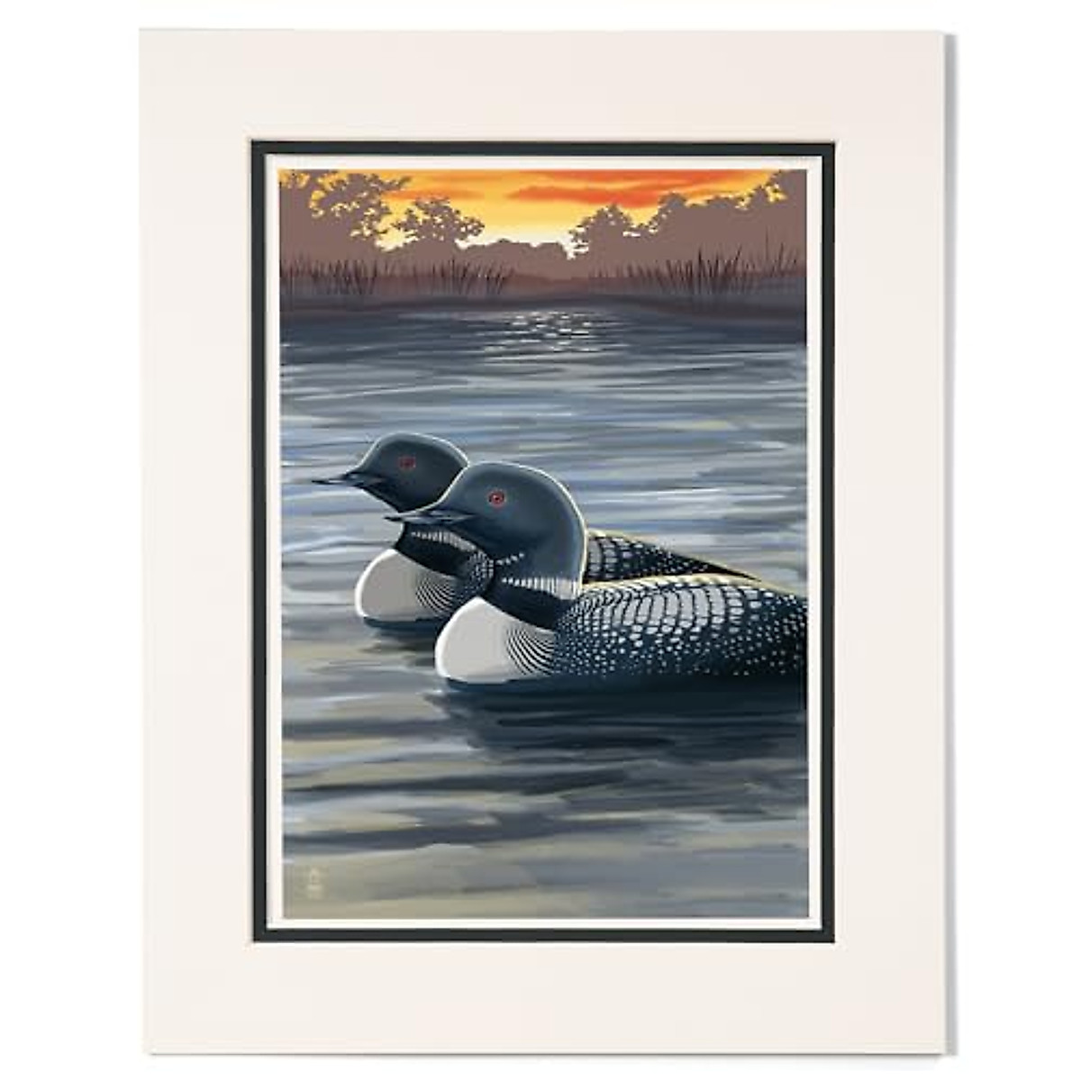 Lantern Press 11x14 Inch Matted Art Print Wall Decor, Loons and Lake at Sunset