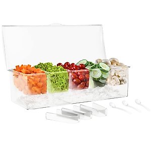 7Penn Condiment Tray with Ice Chamber, 5 Condiment Containers, Lid, 3 Tongs, 3 Spoons - Chilled Condiment Server Caddy