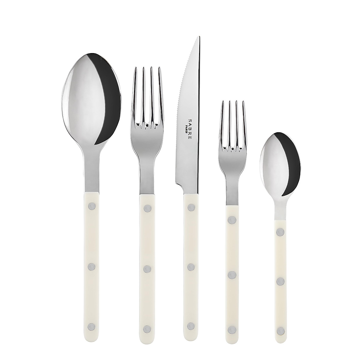 SABRE PARIS - 5-Piece Flatware Set - Bistrot Collection - Knife, Fork, Soup Spoon, Teaspoon & Dessert Fork - Stainless Steel & Nylon - Dishwasher Safe - Ivory - Brilliant Finish