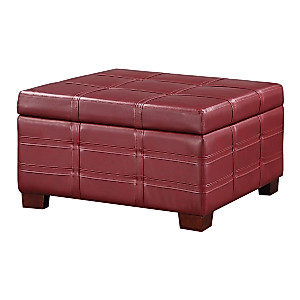 OSP Home Furnishings Detour Strap Square Storage Ottoman with Tray and Solid Wood Legs, Crimson Red Faux Leather