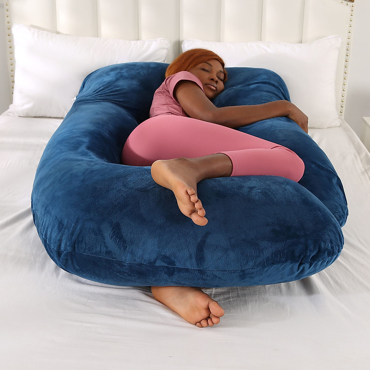 FENGFENG Navy Velvet Large Maternity J-Shaped Home Pregnancy Pillows for Sleeping,Pillow Pregnant Woman Stomach Lift Pillow Side Sleeping Pillow Waist Navy Pillow(31"x47"x70")