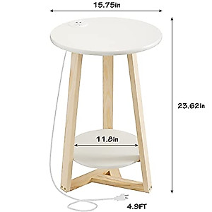 TINSAWOOD Side Table with Charging Station, Small Boho Round End Table with Two-Tier Storage for Living Room, Bedroom & Small Spaces, Easy Assembly