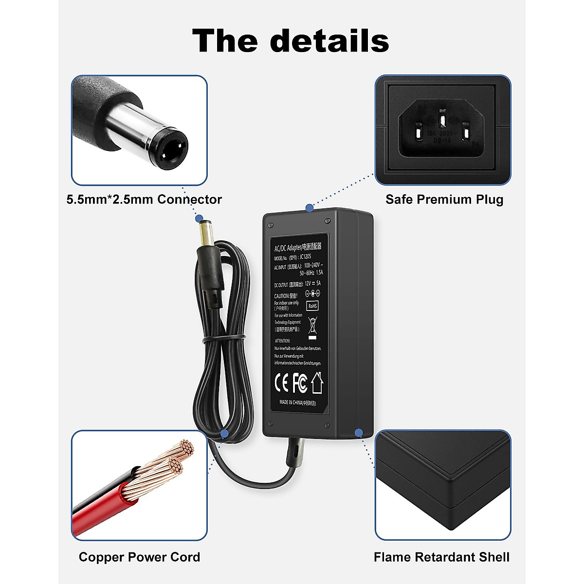 DC 12 Volt 5 Amp Power Supply 60W AC Adapter 100-240V 50-60Hz AC to DC 12V 5A Power Adapter Transformer with 5.5mm x 2.5mm DC Outlet Plug for LED Strip Light CCTV Camera 3D Printer...
