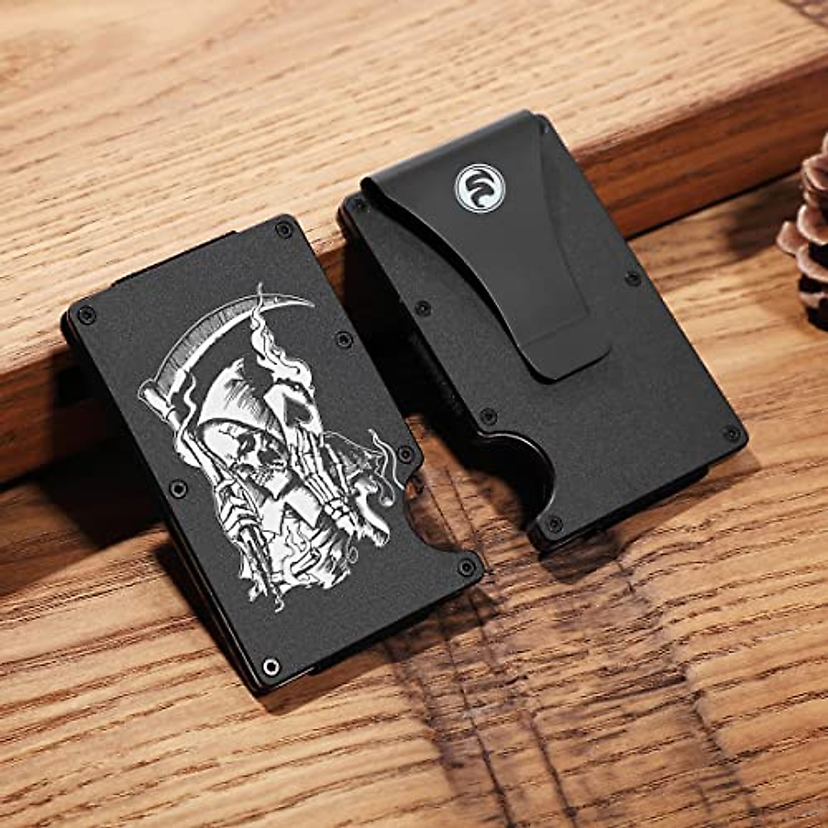 Coukula Minimalist Wallet for Men - RFID Blocking Metal Wallet - Engraved Skull Poker - Aluminum Slim Money Clip - Front Pocket Credit Card Holder - Tactical Wallet for Business Travel