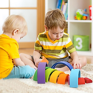 Youuys Silicone Rainbow Stacking Toy - 10 Pcs Rainbow Stacker Building Blocks Montessori Toys for Toddlers