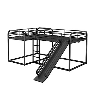 ATY L-Shaped Full and Twin Size Bunk Bed, Metal Bedframe w/Ladder & Slide, for 4 People, Bedroom, Dorm, Guestroom Supplies, Save Space Design, Black