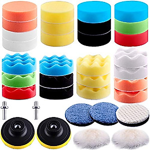 SIQUK 35 Pieces Car Polishing Pad Kit 3 Inch Buffing Pads Foam Polish Pads Polisher Attachment for Drill