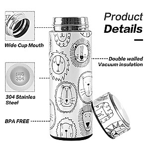 CaTaKu Cartoon Lions Head Water Bottle Insulated 16 oz Stainless Steel Flask Thermos Bottle for Coffee Water Drink Reusable Wide Mouth Vacuum Travel Mug