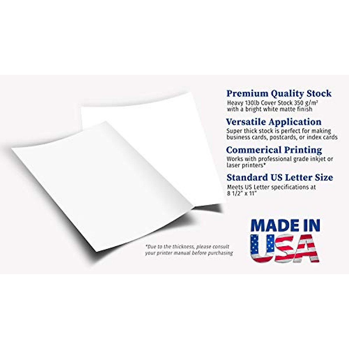 Extra Heavy Duty 130lb Cover Cardstock - Bright White - 350gsm 17pt Thick Paper for Inkjet & Laser Printers - 8-1/2" x 11" - 15 Pack