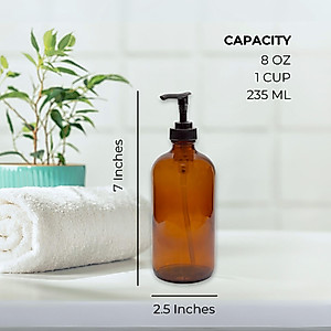 Cornucopia 8oz Glass Pump Bottles (4-Pack, Amber Brown), Lotion Soap Dispensers w/Black Plastic Pumps