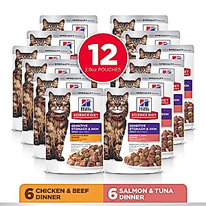 Hill's Science Diet Adult Sensitive Stomach & Skin Wet Cat Food Pouch Variety Pack, Chicken & Beef, Tuna & Salmon 2.8 oz, 12 Pack