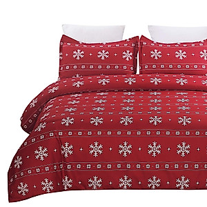 Vaulia Soft Duvet Cover Set King Size, Microfiber Snowflake Pattern Design for Christmas New Year Holidays, Red Color 3 Piece Set (1 Duvet Cover 2 Pillow Shams)