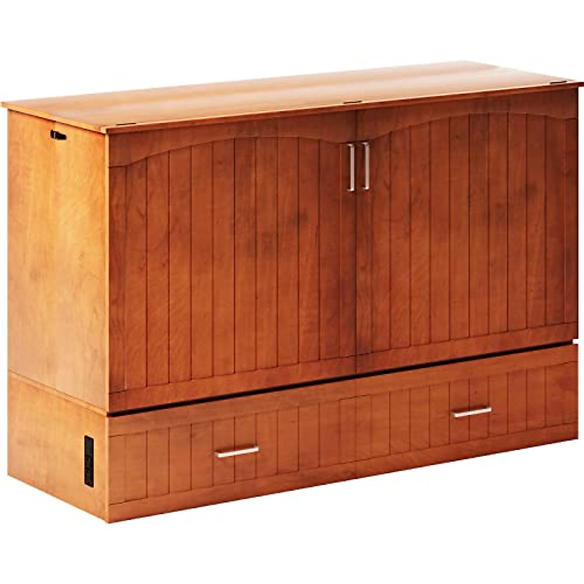 MUZZ Queen Size Murphy Cabinet Bed with Memory Foam Mattress, Charging Station and Large Drawer (Queen, Cherry with Handles)