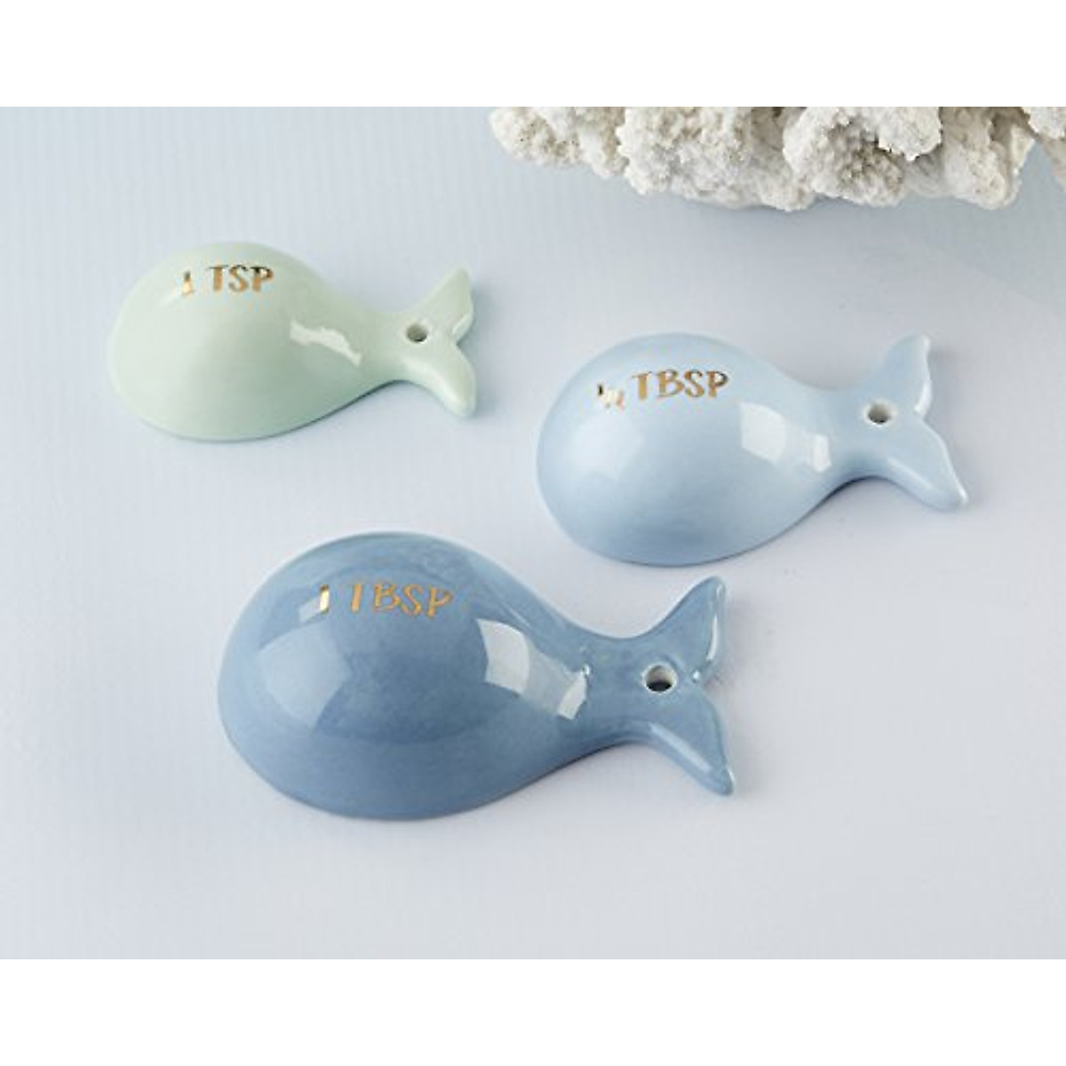 Kate Aspen Ceramic Whale Shaped Set | Tablespoon, Half Tablespoon & Teaspoon Measuring Spoons, One Size, Blue and Gold