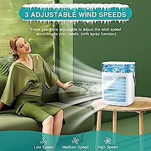 Portable Air Conditioner, Rechargeable Personal Air Cooler, USB Air Conditioner Fan with 3-Speed, Cordless 3 in 1 Mini Air Conditioner Desk Spray Fan, Quiet Aroma Diffuser Fan with Handle for Home/Camping/Desk