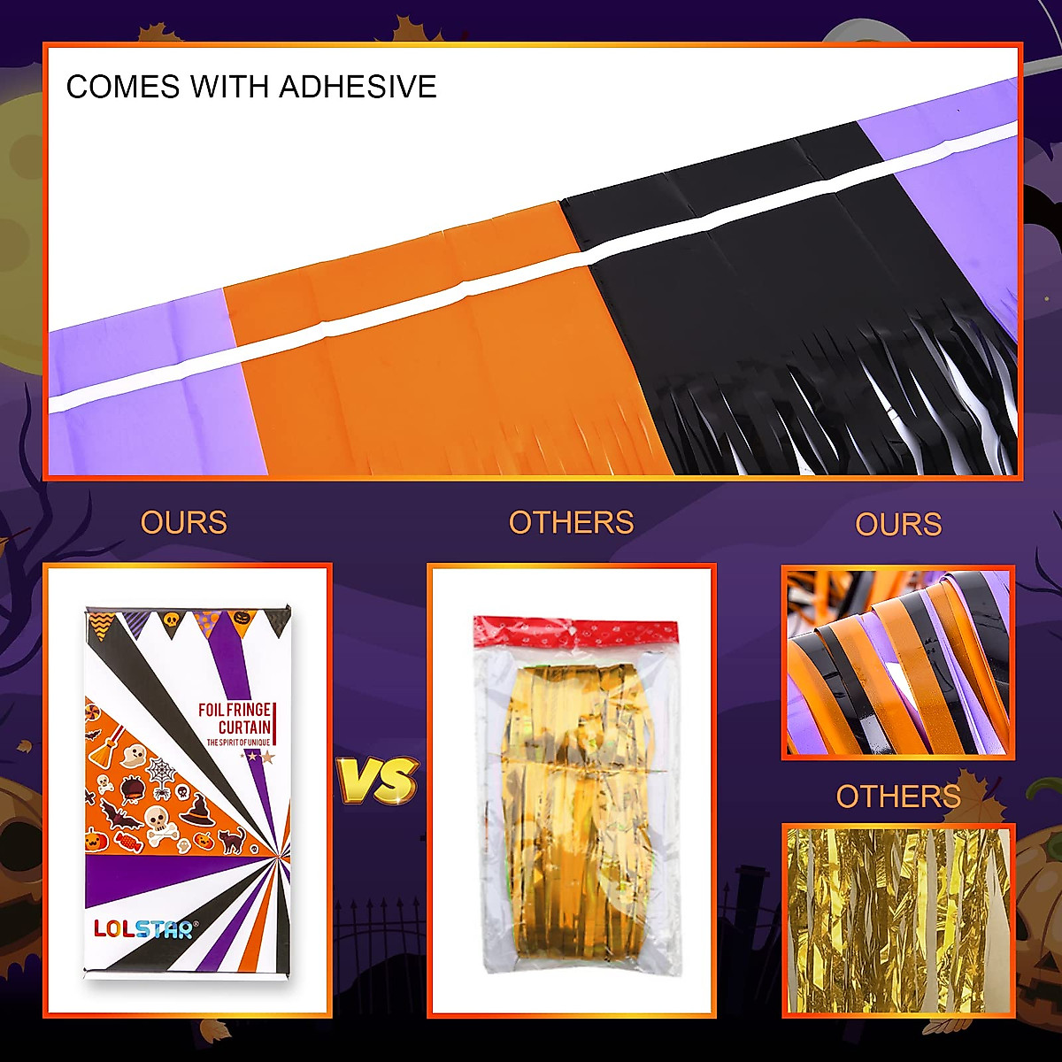 LOLStar 5 Pack Orange Purple Black Photo Booth Props,3.3 X 6.6 ft Halloween Foil Fringe Curtains,Halloween Party Photo Backdrop Streamer Backdrop for Halloween Party Decoration