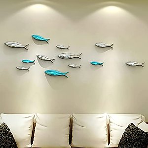 wood nymph 3D Fish Wall Decor,Nautical Decoration,Bathroom Wall Decor Art,Silver Plating Wall Decor,12 Pieces of DIY Coast Decoration,Living Room Wall Decoration,Home Decore