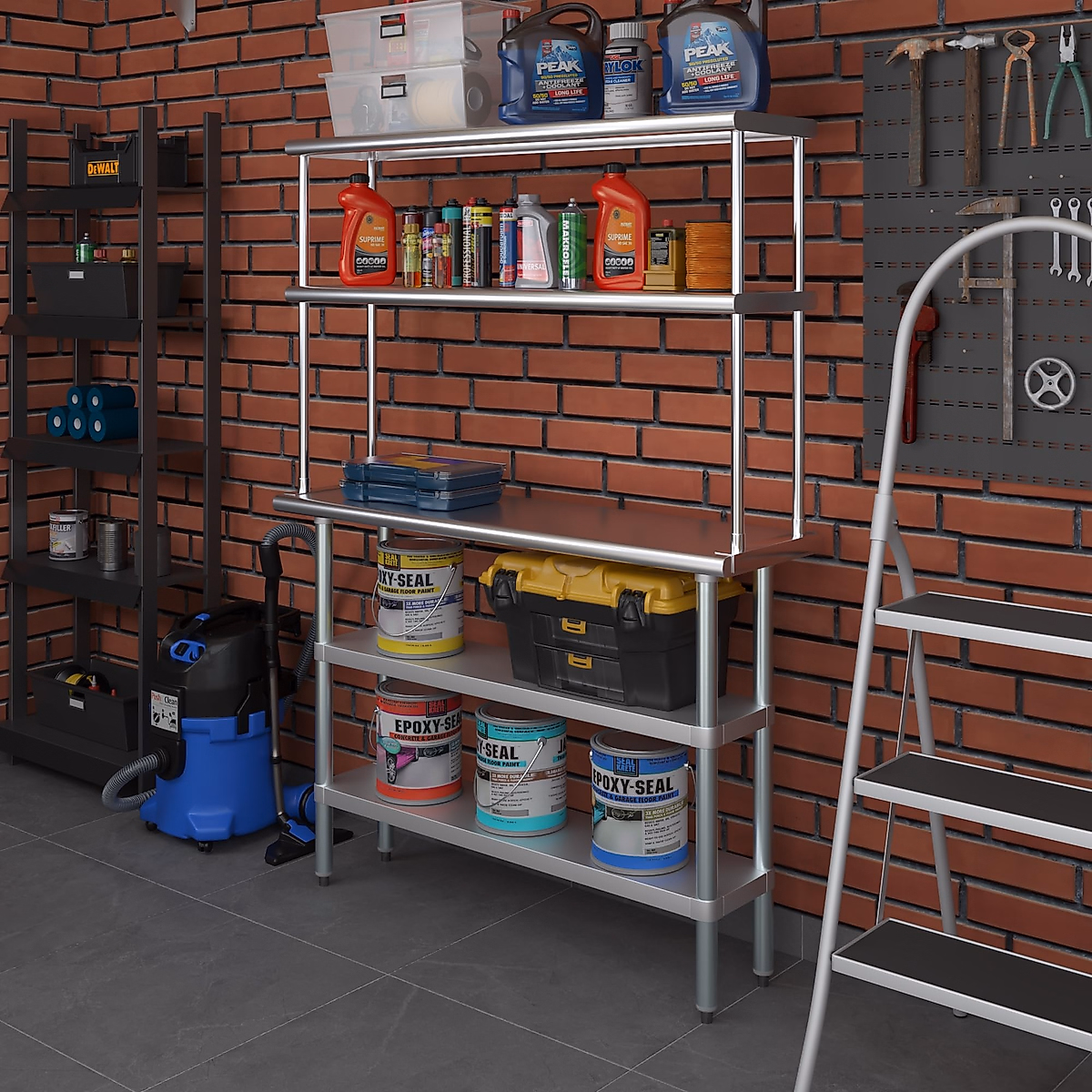 Amgood Stainless Steel Work Table with 2 Shelves | Metal Kitchen Prep Table & Shelving Combo (14" x 48" Table with 2 Shelves + 12" Overshelf)