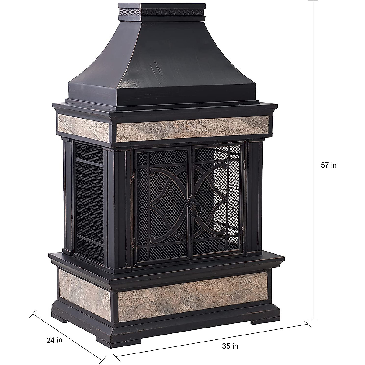 Sunjoy Outdoor Fireplace, Heirloom Patio Wood Burning Steel Fireplace with Chimney, Spark Screen, Fire Poker, and Removable Grate, Black