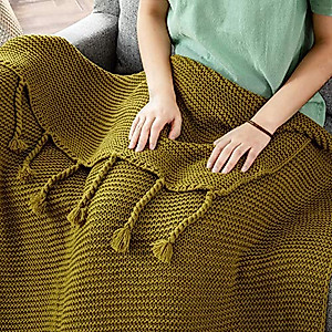 RUDONG M Knitted Throw Blanket with Fringe, Mustard Green Knit Throw Blanket for Couch Bed Sofa 50" x 60"