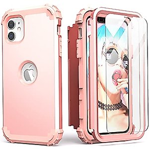 iPhone 11 Case with Tempered Glass Screen Protector,IDweel Hybrid 3 in 1 Shockproof Slim Heavy Duty Protection Hard PC Cover Soft Silicone Rugged Bumper Full Body Case, Rose Gold