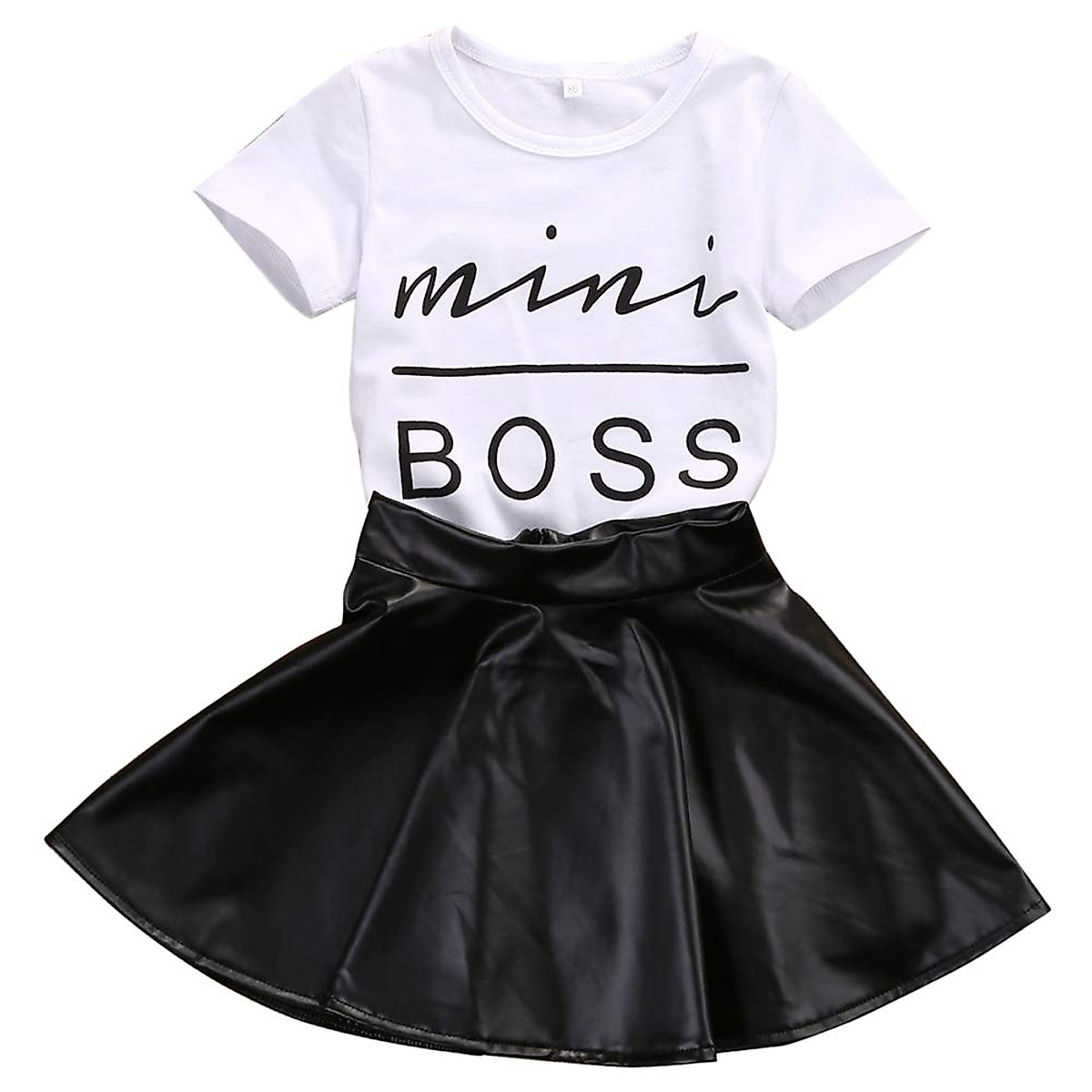 Afunbaby Toddler Baby Little Girls Fashion Clothes Mini Boss Shirt Tops&Leather Skirt 2Pcs Clothing Outfits Set (1-2T,Mini Boss Leather Sk)