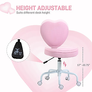 HOMCOM Heart Love Back Armless Office Chair, Comfortable Desk Chair with Adjustable Height, Cute Fabric Vanity Chair with 360 ° Swivel Wheels, Pink