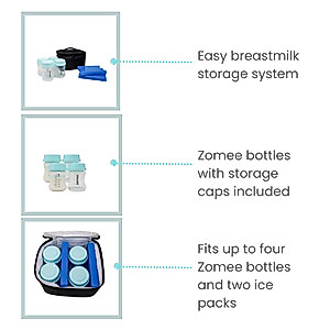 Zomee Breastmilk Baby Bottle Cooler Travel Bag - Insulated to Keep Milk Cold - Includes 2 Ice Packs and 4 Bottles - Perfect for Nursing Moms
