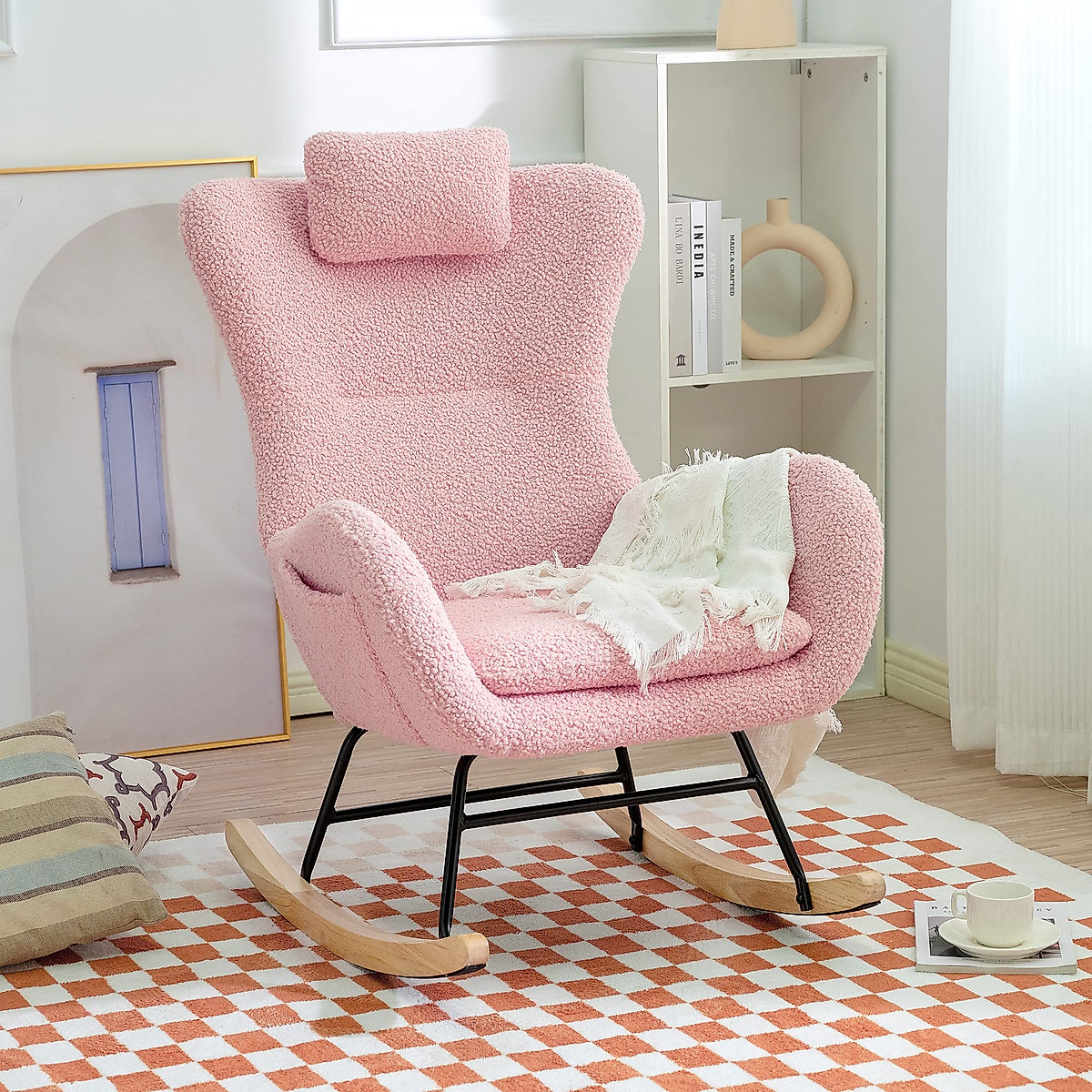 CuisinSmart Rocking Chair Teddy Upholstered Glider Chair for Nursery, Modern Rocker Chair with High Backrest Armchair Rocking Chair Indoor for Living Room, Bedroom and Playroom Pink