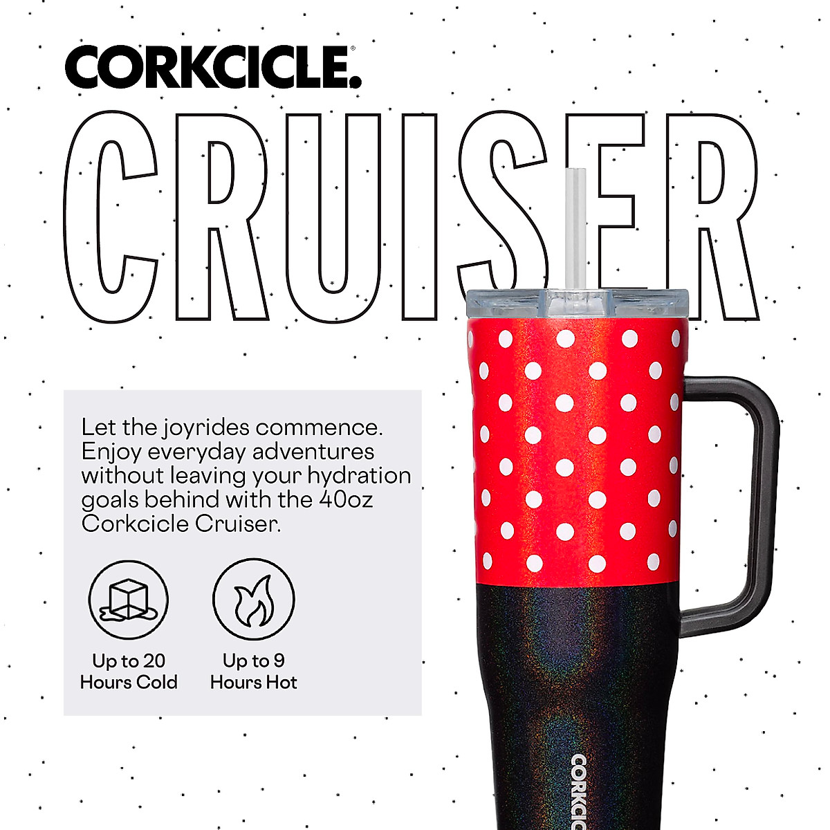 Corkcicle x Disney Minnie Mouse Cruiser Insulated Tumbler with Handle and Straw, Polka Dot Red, 40 oz – Reusable Water Bottle Keeps Beverages Cold 20hrs, Hot 9hrs – Cupholder Friendly, Spill Proof
