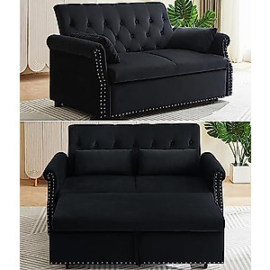 55"Convertible Loveseat Sofa Couch with Pull-Out Sleeper,3-in-1 Modern Love seat Couch Bed with Adjustable Backrest and 2 Pillows,Velvet 2 Seater Couch Bed for Small Spaces Living Room(Black)