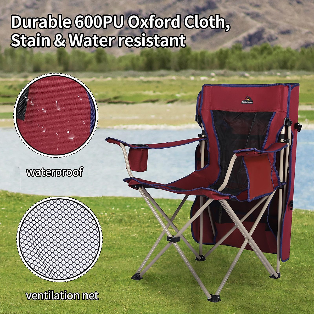 Camping Brothers Camping Chair with Shade Canopy - Outdoor Folding Patio Chair - Includes Retractable Sun Shade, Cup Holder, Side Pockets (Maroon)