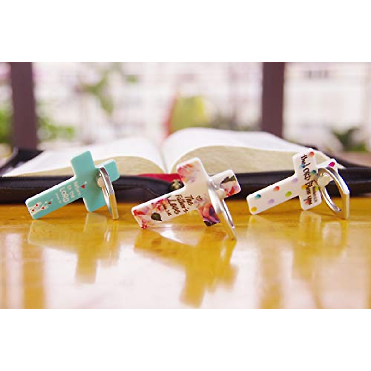 The Cross Cell Phone Ring Universal 360 Degree Rotation and Swivel Head Finger Grip Phone Holder Design with Bible Words (Pink)